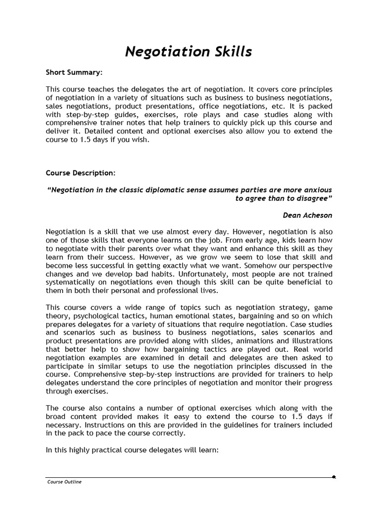 Course Outline - Negotiation Skills | PDF | Negotiation | Human Communication