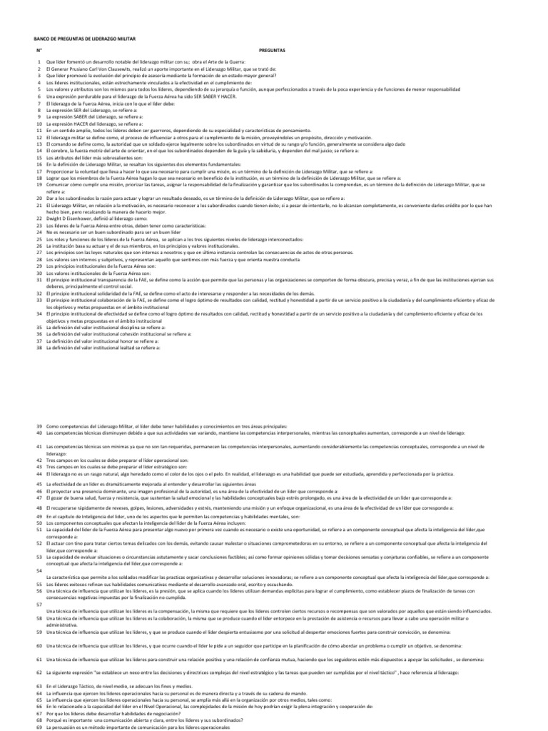 Banco de Preguntas de Liderazgo Militar | PDF | Liderazgo | Ciencia militar