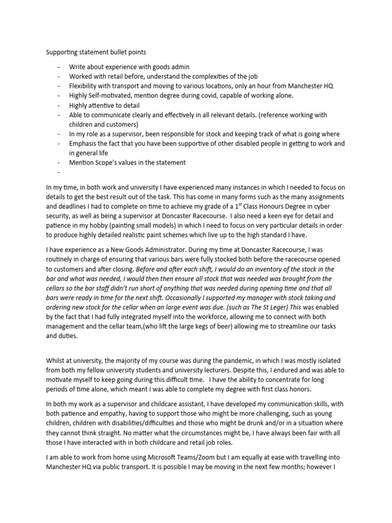 Supporting Statement Bullet Points Draft 3 | PDF