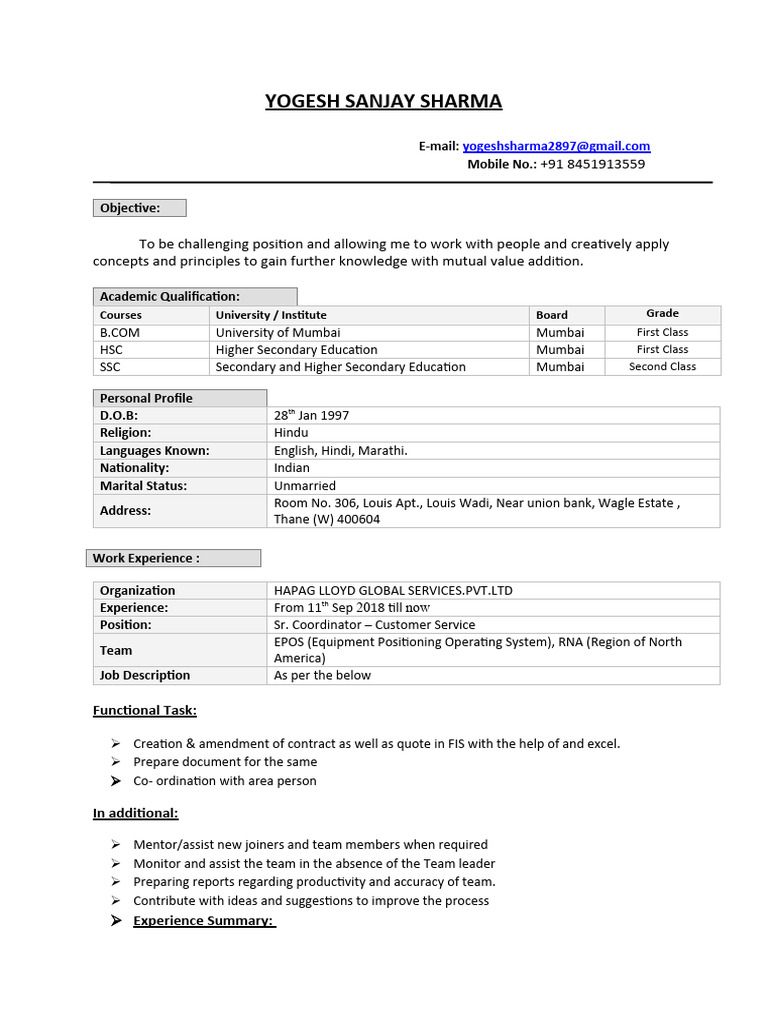Yogesh Resume | PDF | Cargo | Bill Of Lading