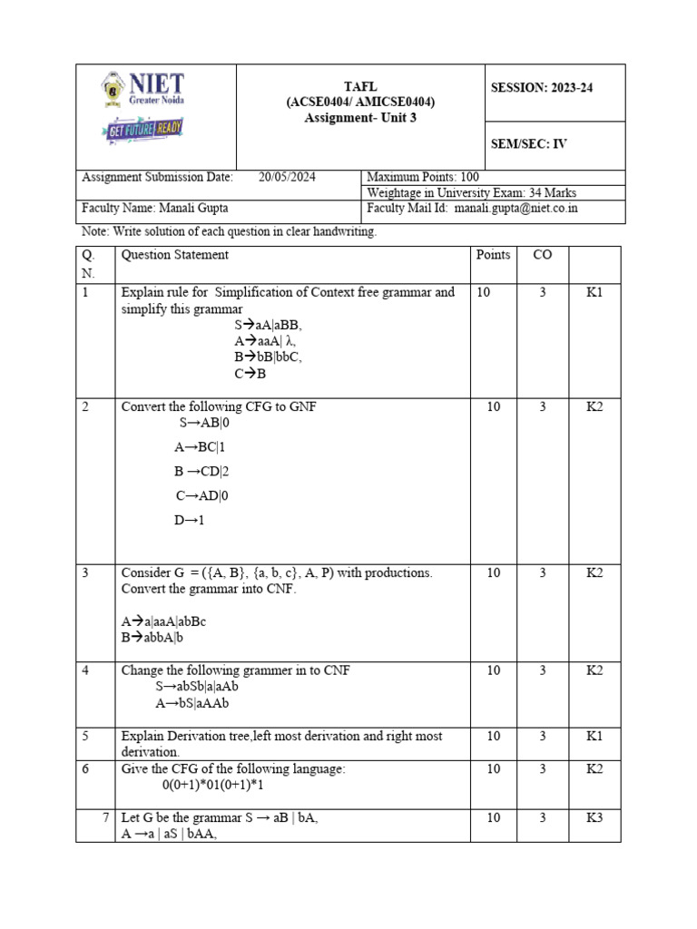 TAFL - 3rd Unit Assignment | PDF | Grammar | Mathematical Logic