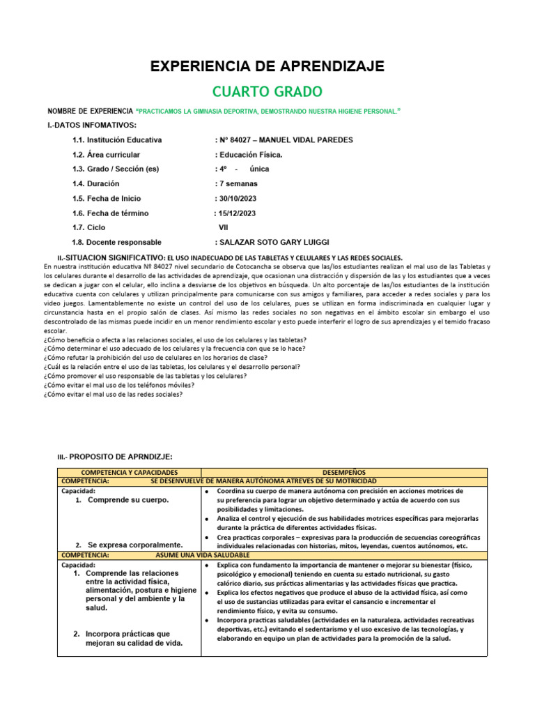 EXPERIENCIA DE APRENDIZAJE 4º | PDF | Enseñando | Aprendizaje