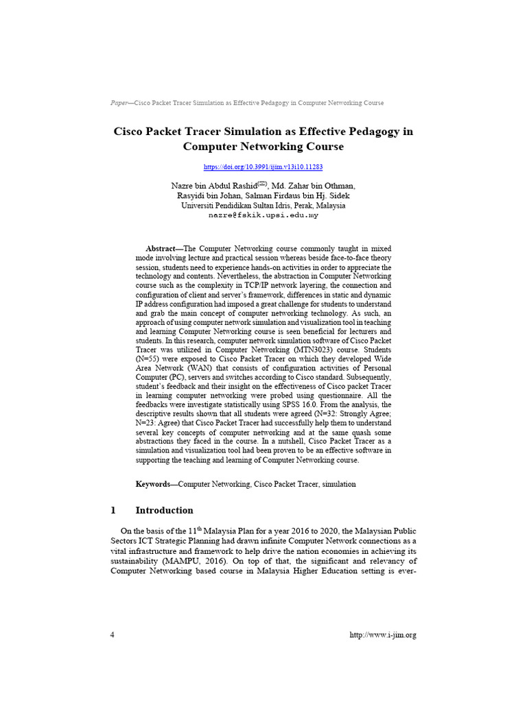 Rashid Et Al 2019 Cisco Packet Tracer Simulation As Effective Pedagogy In Computer