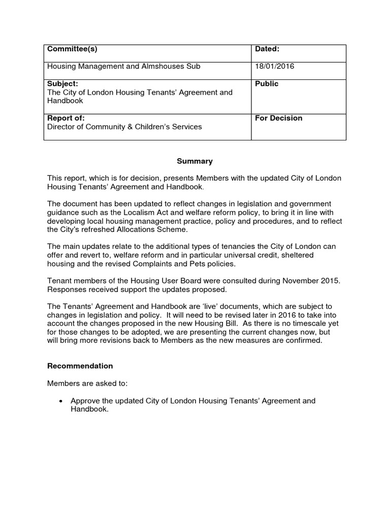 The City of London Housing Tenants Agreement and Handbook | PDF ...