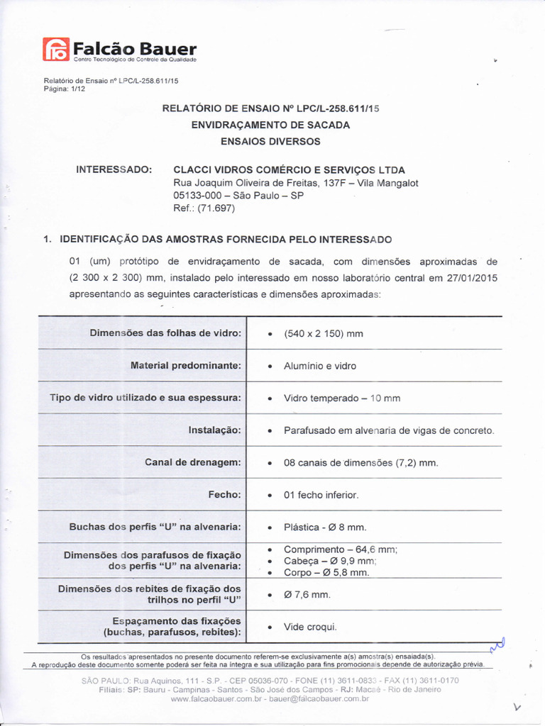 Relatório de Ensaio Falcão Bauer #LPC L 258 611 15 P | PDF