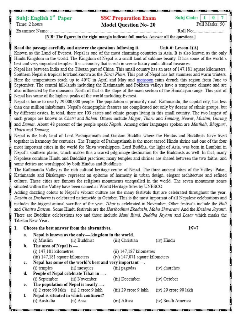 English 1st Paper - Model 20-50 | PDF | Travel | Language Arts & Discipline