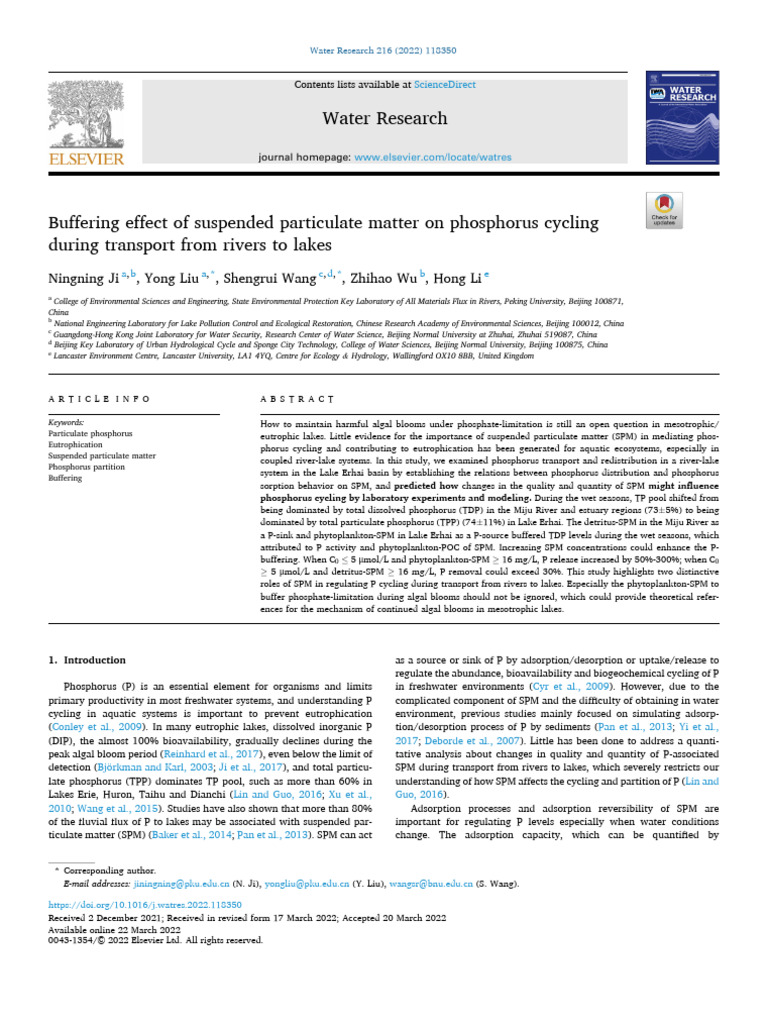 Buffering Effect of Suspended Particulate Matter On Phosphorus Cycling ...