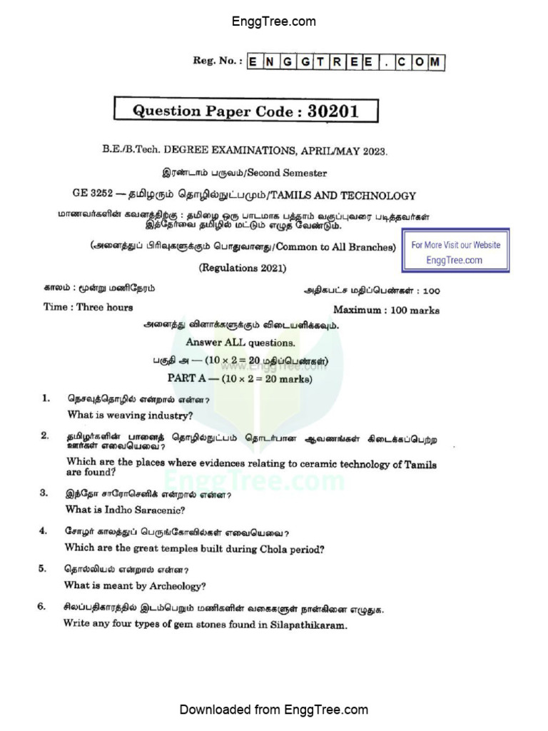 GE3252 Tamils and Technology Apr May 2023 Question Paper Download | PDF