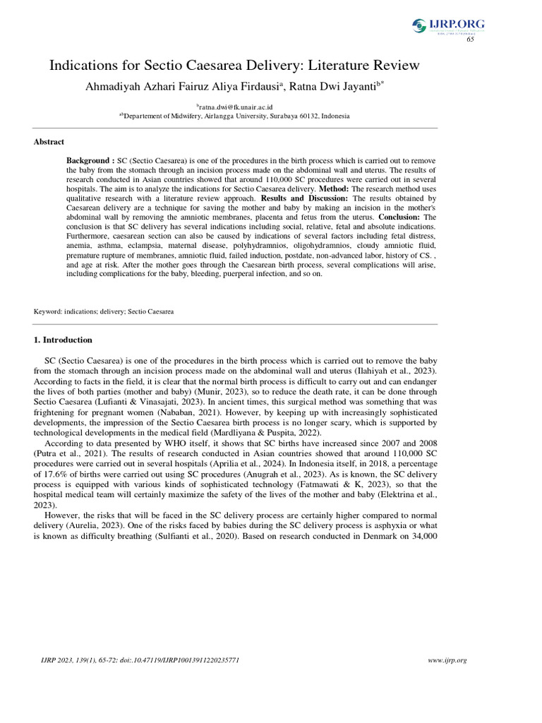 Indications For Sectio Caesarea Delivery: Literature Review: Ahmadiyah ...