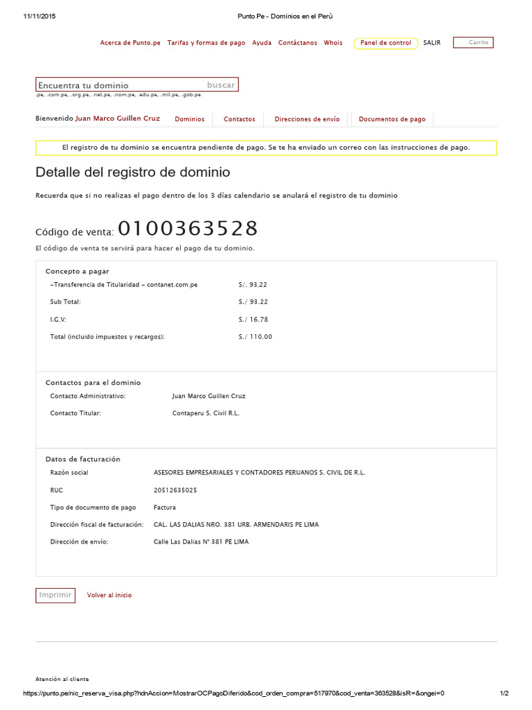 Detalle Del Registro de Dominio: Código de Venta | PDF
