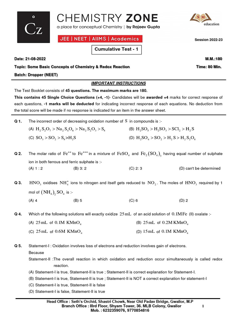 Cumulative Test - 1 - (DROPPER - NEET) - Some Basic Concepts of ...