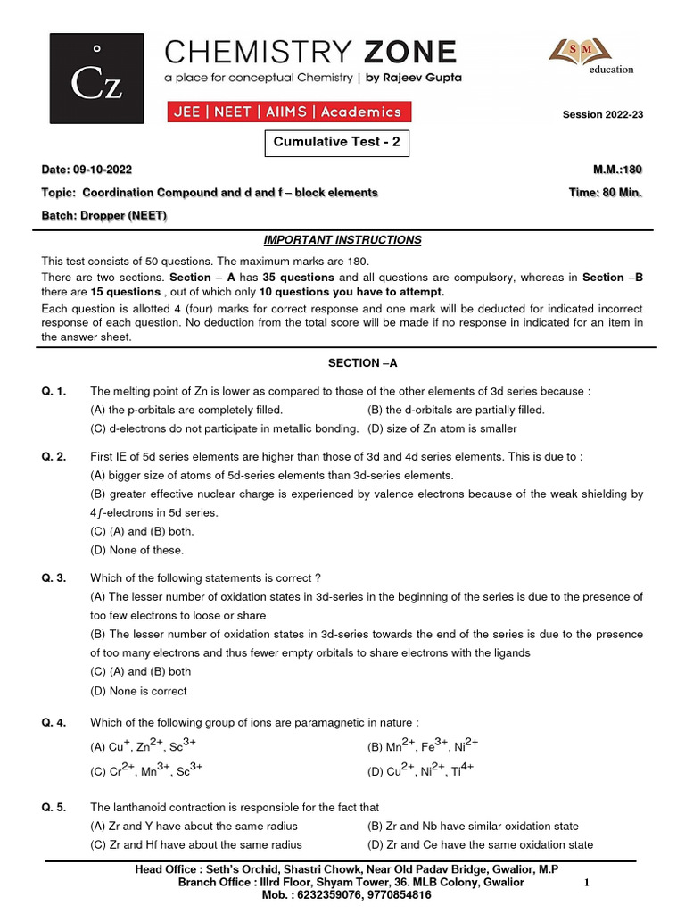 Cumulative Test - 2 - (DROPPER - NEET) - Coordination Compound and D ...