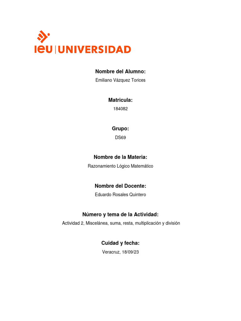 Actividad 2, Razonamiento Matematico IEU | PDF
