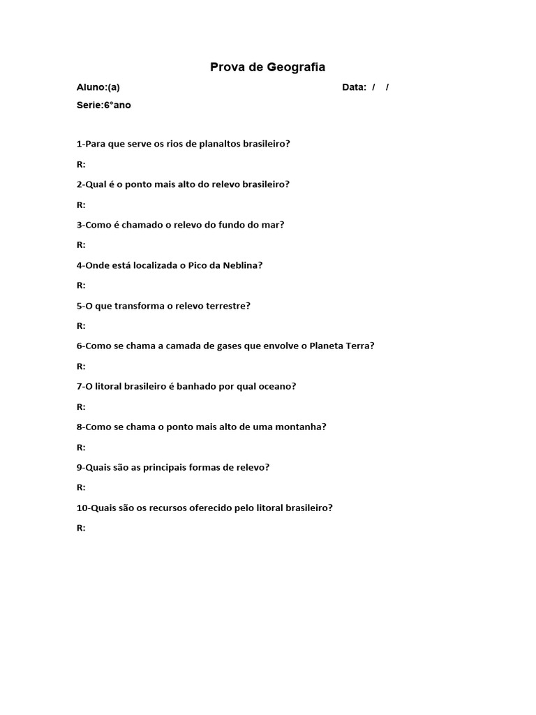 Provas de Geografia para 6°, 7° e 9° Anos | PDF | Ásia | Brasil