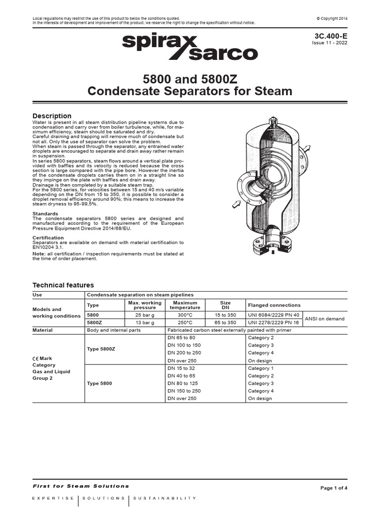 Spirax Sarco Separator 3C-400-EN | PDF | Steam | Boiler