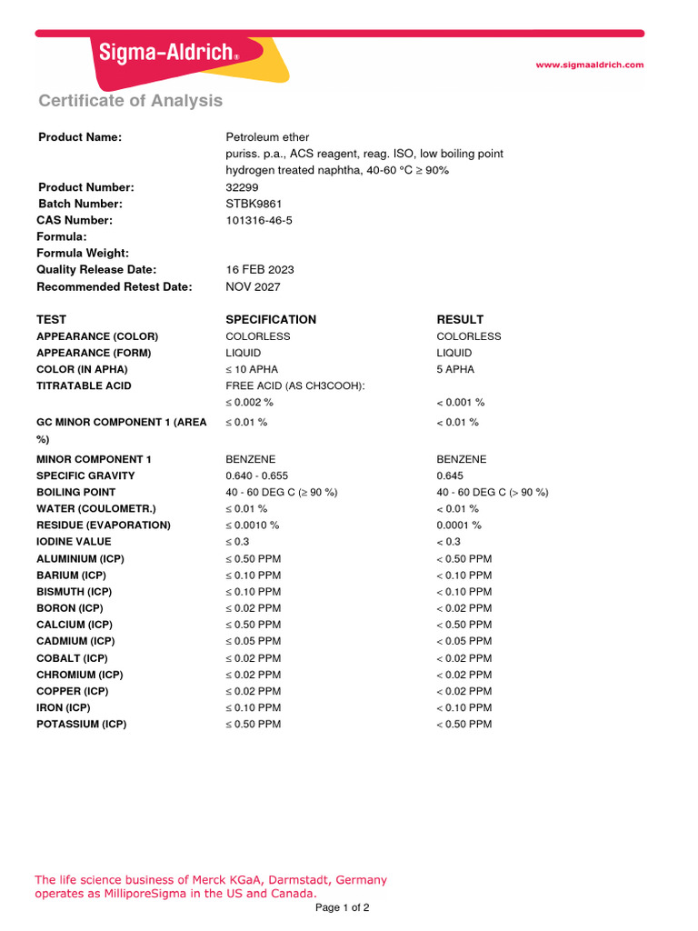 01 COA Sample - Petroleum Ether | PDF | Chemical Process Engineering ...