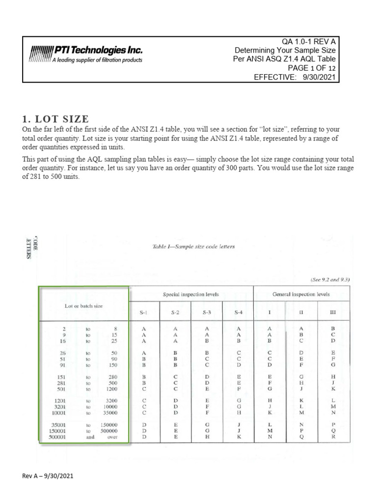 QA 1.0 1 Determine Sample Size AQL Suppliers | PDF | Sampling ...