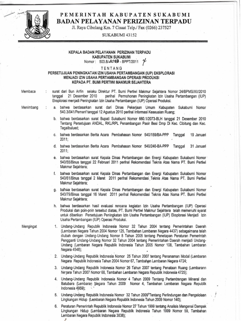 Persetujuan IUP Operasi Produksi Sukabumi | PDF