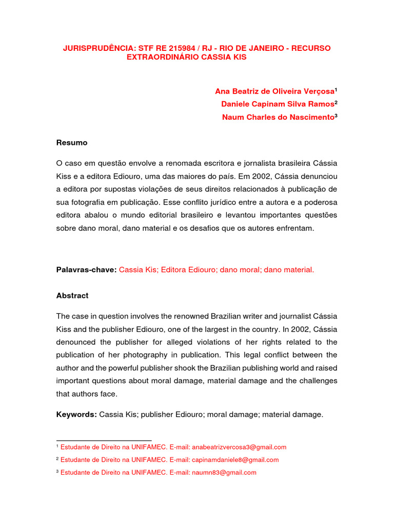 Artigo - Direito Civil. I SEMESTRE. Ana Beatriz, Daniele Capinam e Naum ...