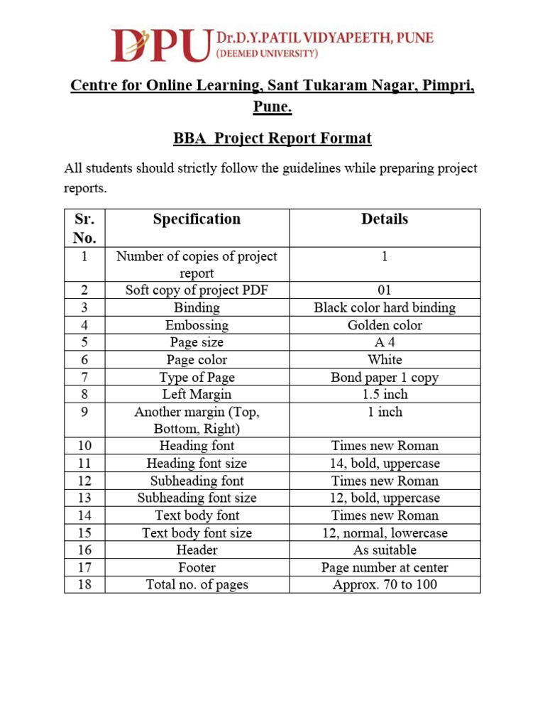BBA Project Report Format Typing Guidelines | PDF