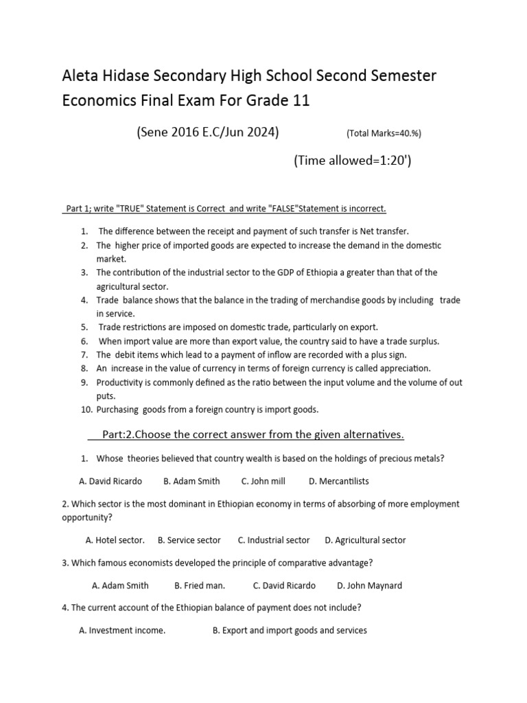 Grade 11 Economics Final Exam 2024 | PDF | Exchange Rate | Exports