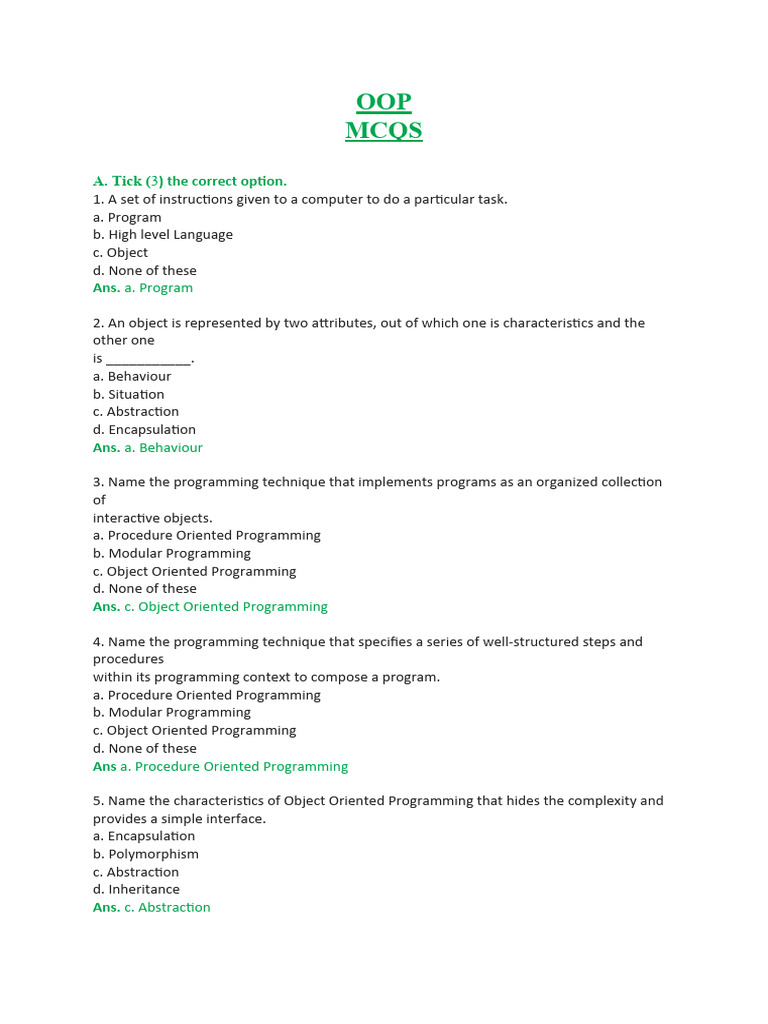 Chapter 1 Introduction To Object Oriented Programming Concepts Emcqs