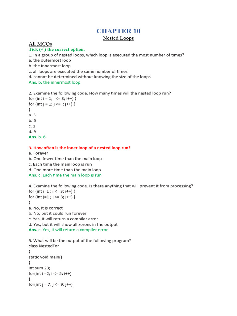 Chapter 10 Nested Loops EMCQs | PDF | Control Flow | Software Engineering Chapter 10 Nested Loops EMCQs | PDF | Control Flow | Software Engineering