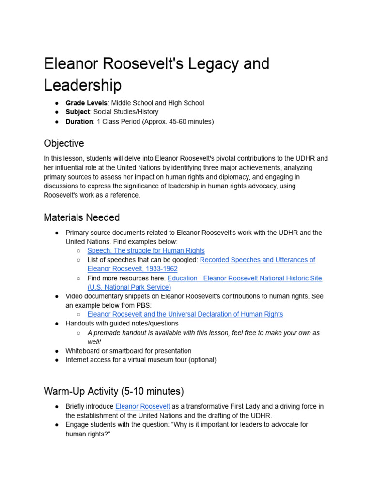 Eleanor Roosevelt Lesson Plan - Legacy and Leadership | PDF | Human ...