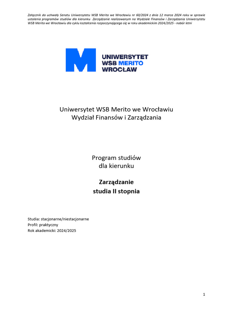Program Studiów Na Kierunku Zarządzanie Studia II Stopnia Rok Akademicki 2024 - 2025 - Nabór ...