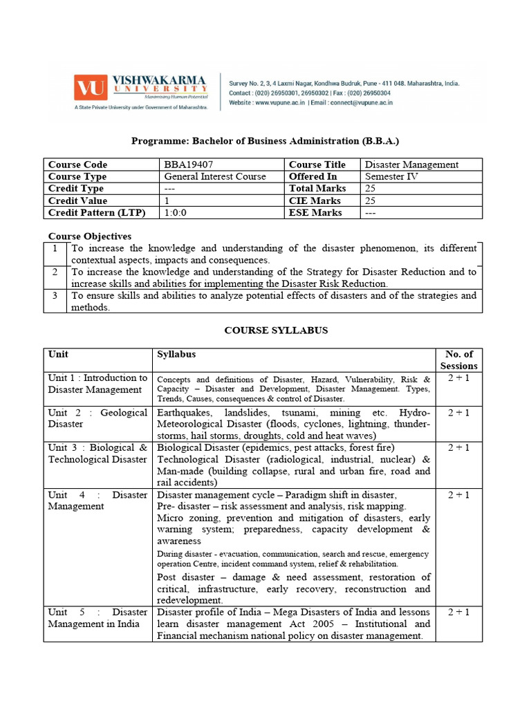 BBA Disaster Management Course Syllabus | PDF | Natural Disasters ...