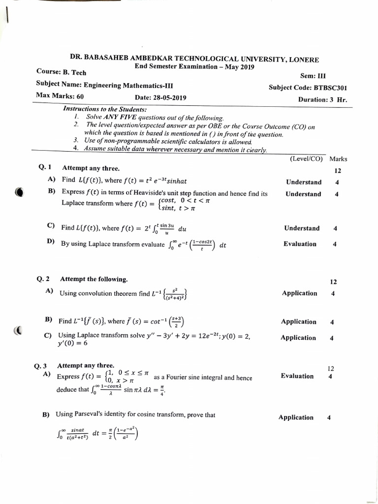 M-III University Question Paper 2019 | PDF | Complex Analysis | Functions And Mappings