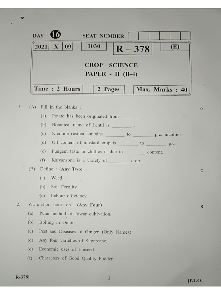 HSC Crop Sci II Q&A Papers Sep 2021 | PDF