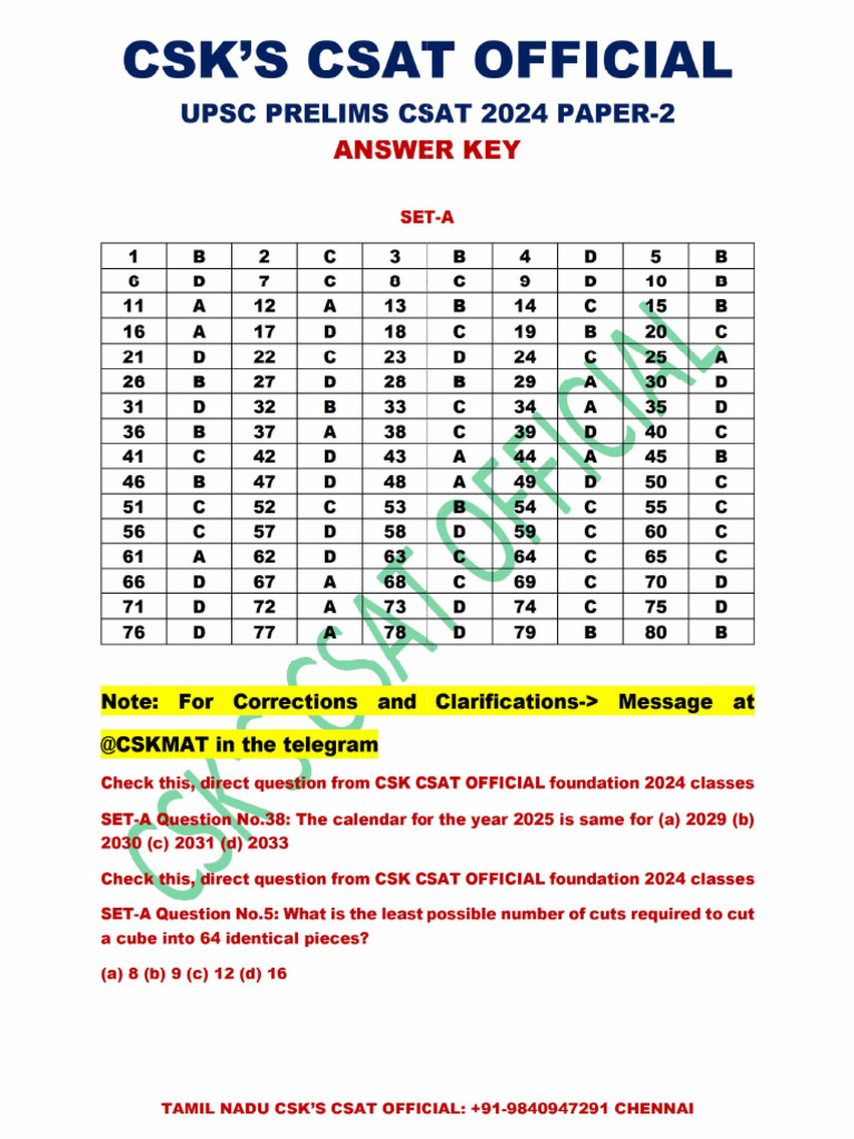 Csat 2024 Answer Key by Csk's Csat Official | PDF