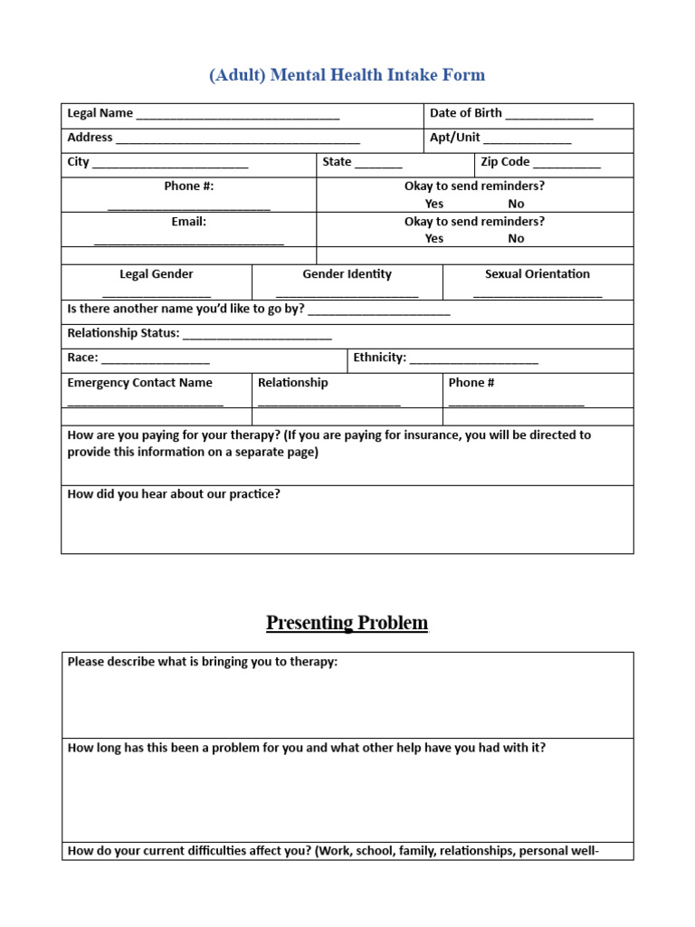 Adult MH intake | PDF | Mental Disorder | Substance Abuse