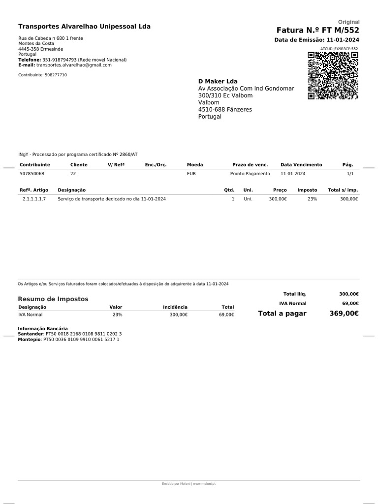 Fatura Transporte Alvarelhao 11-01-2024 | PDF | Imposto sobre Valor Agregado (IVA) | Comércio