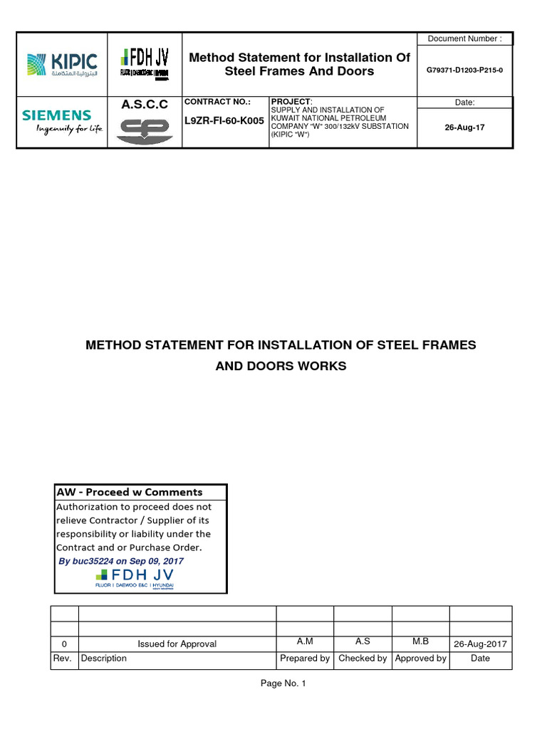 Method Statement of Installation of Steel Frame and Door (Rev-00) - FDH ...