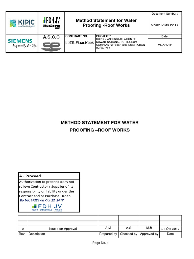 Method Statement for Water proofing roof Works (Rev-00)_Stamped | PDF | Concrete | Polystyrene