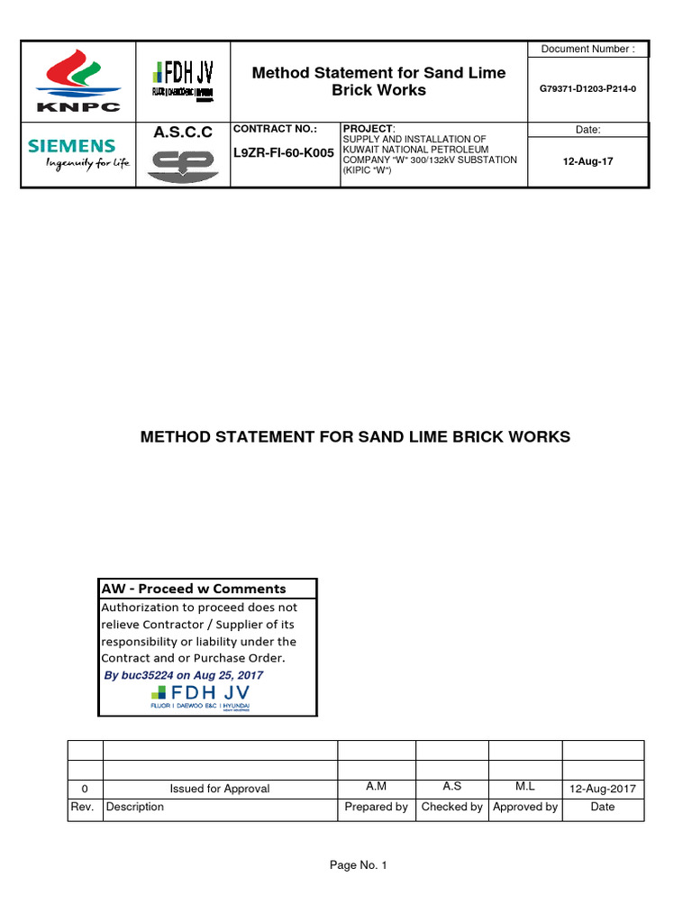 Method Statement For Sand Lime Bricks Works (Rev-00) - Stamped1 | PDF | Brick | Mortar (Masonry)