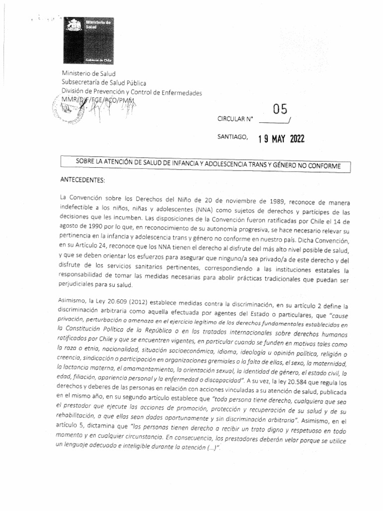 Circular N°5 - Sobre La Atención de Salud de Infancia y Adolescencia Trans y Género No Conforme ...