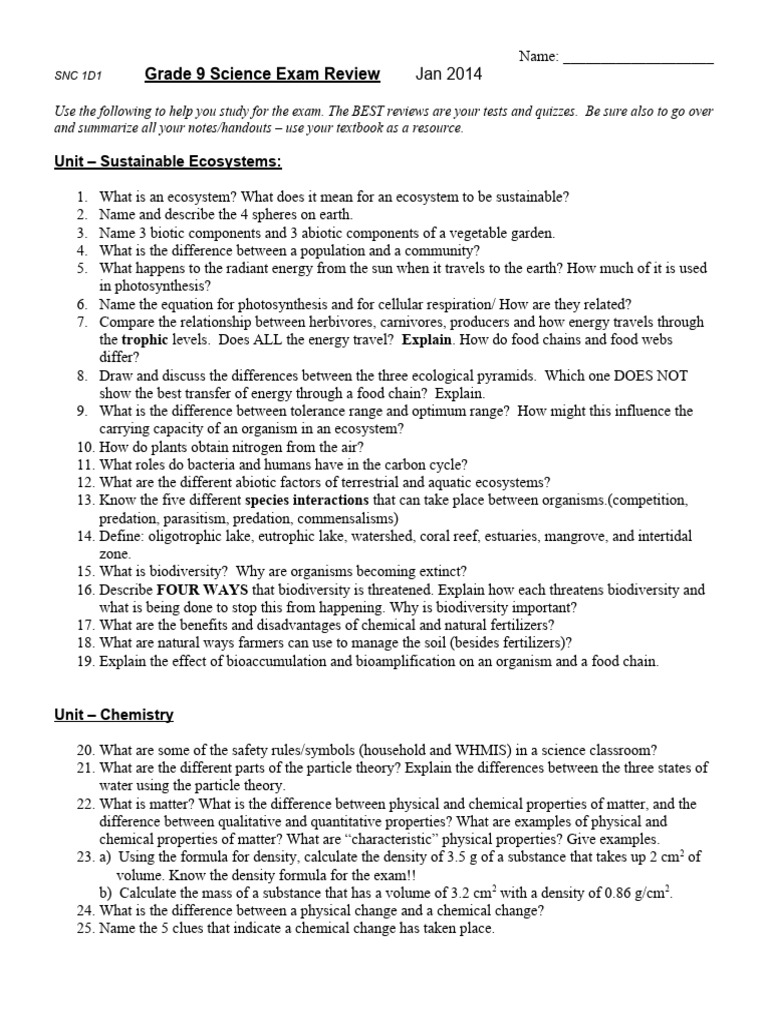 snc1d - Science Exam Review Jan 2014 | PDF | Chemistry | Atoms