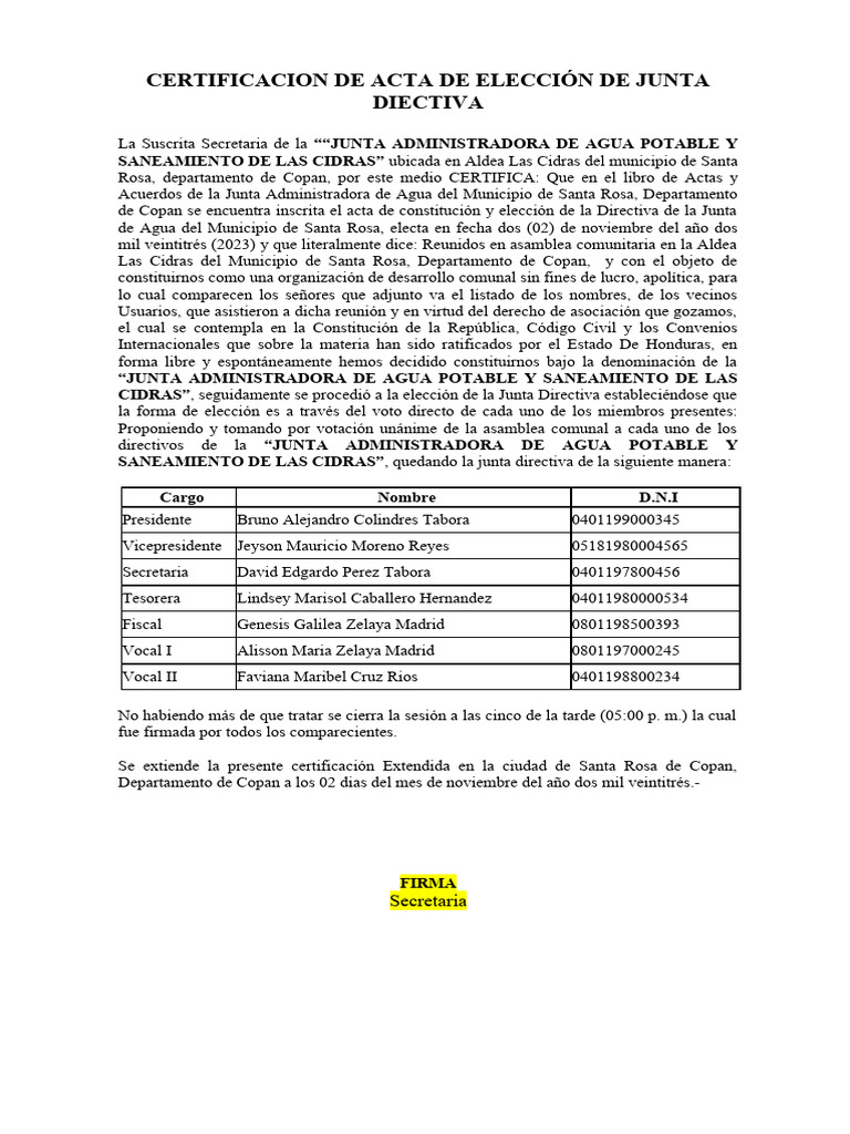 Certificacion de Eleccion de Junta Directiva | PDF | Gobierno
