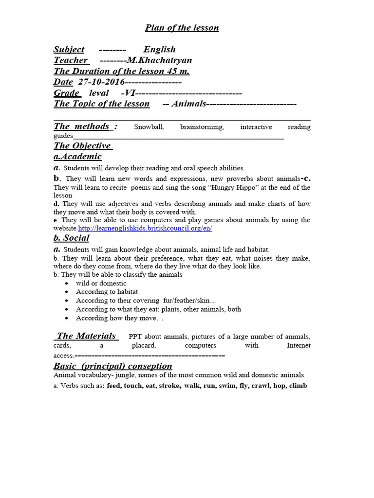 Lesson Plan Animals 1.doc With PPT | PDF | Cognitive Science | Linguistics