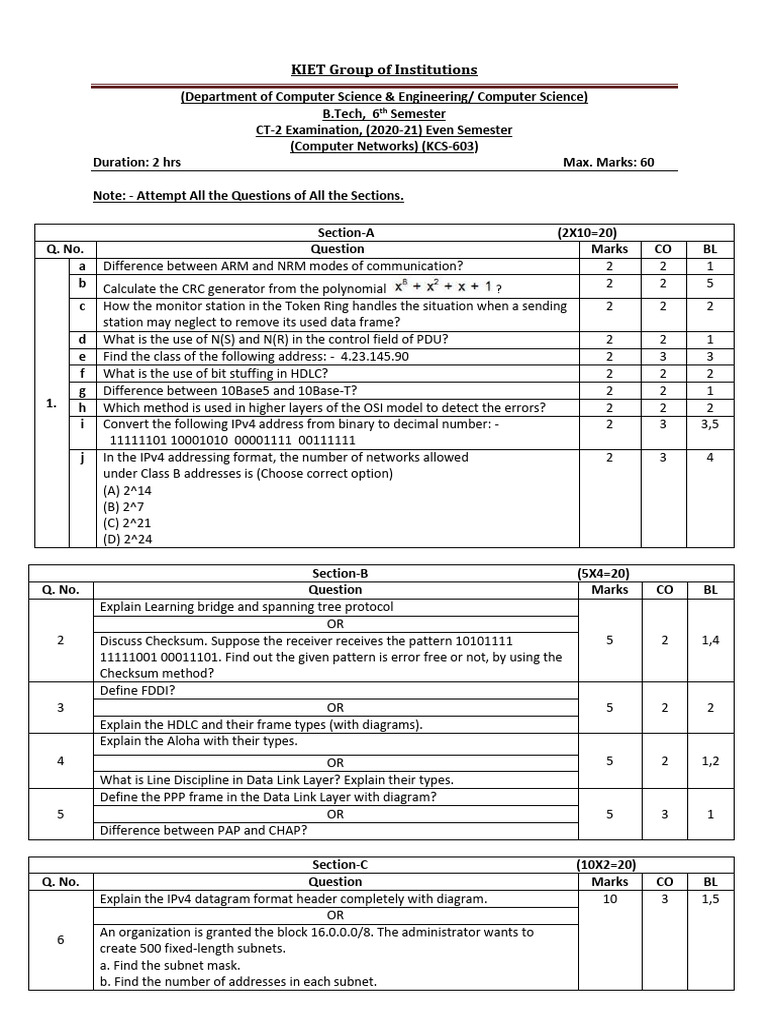 Computer Networks - KCS603 - CT2 | PDF | Computer Science | Telecommunications