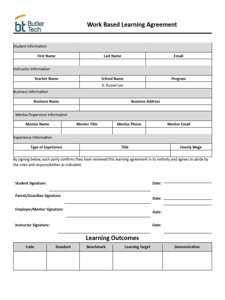 Butler Tech Work Based Learning Agreement | PDF | Mentorship | Teachers