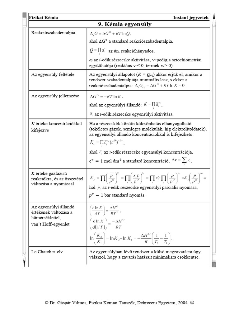 09 Kemiai Egyensuly Jegyzet | PDF