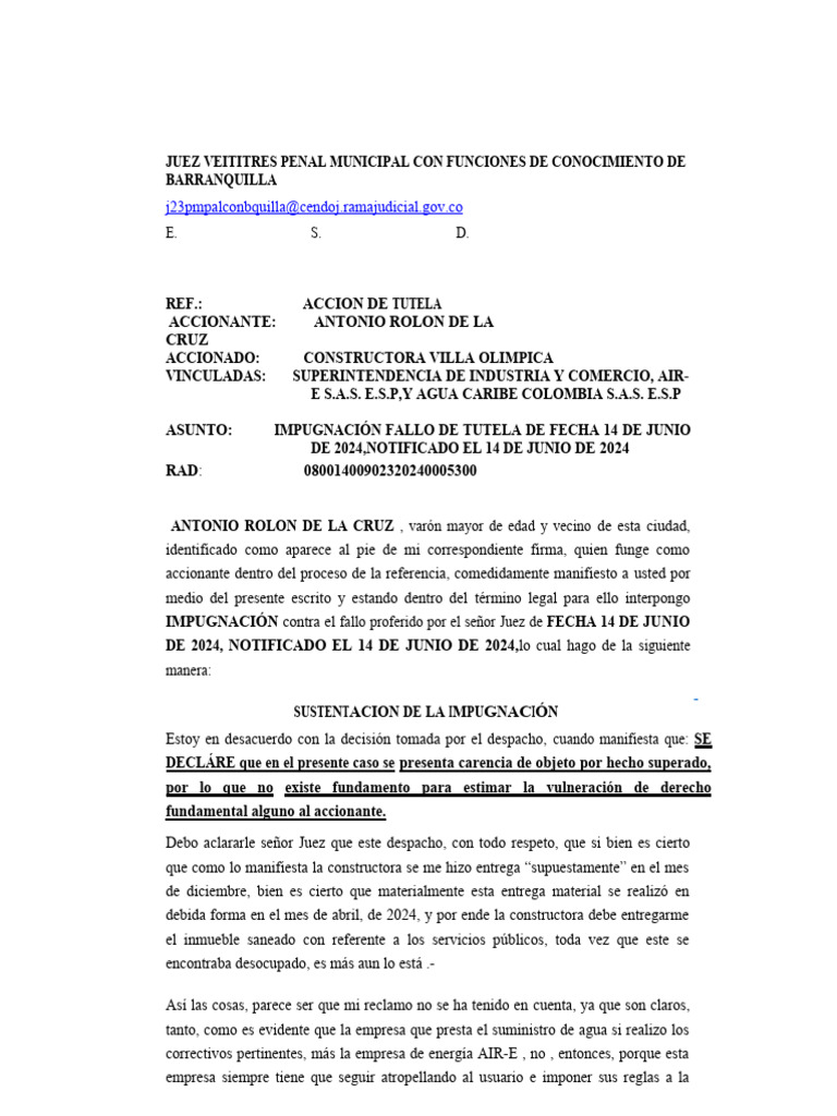 Impugnacion de Tutela Antonio Rolon | PDF | Petición | Justicia