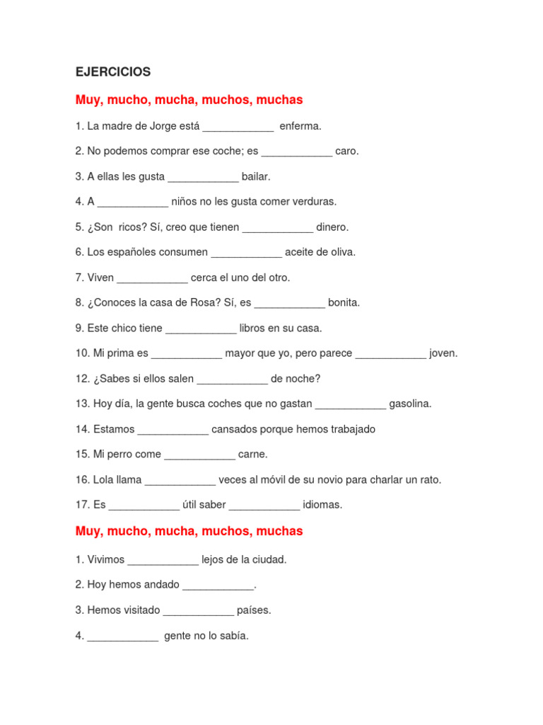 EJERCICIOS-Muy-mucho-bastante-poco-un-poco-un-poco-de | PDF