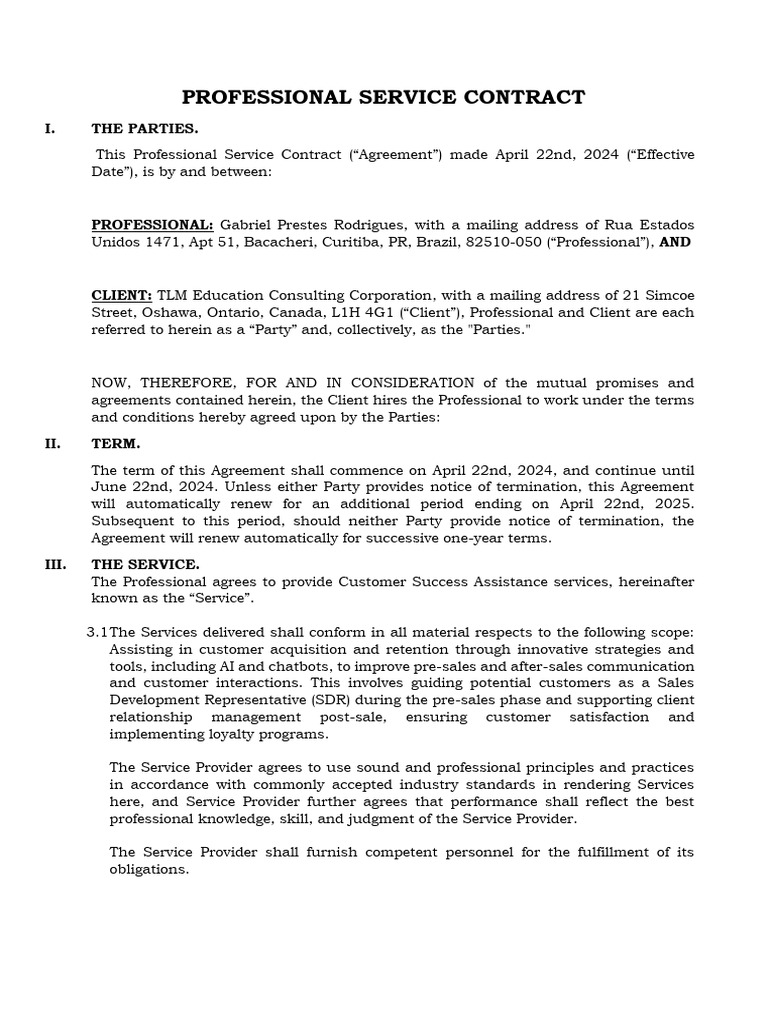 Professional Service Contract Signed Gabriel | Download Free PDF ...
