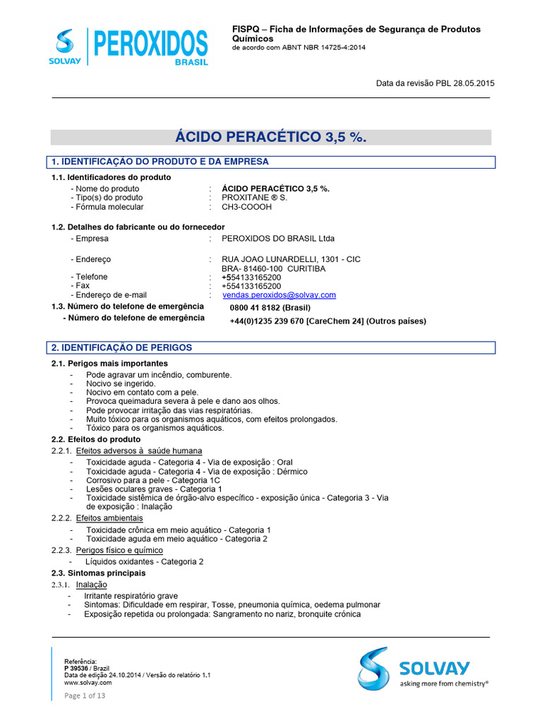 Acido Peracético 3,5% - Proxitane | PDF | Queimadura | Águas residuais