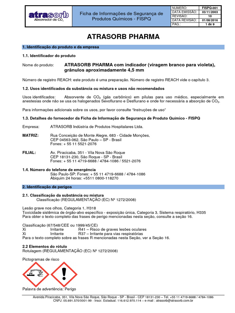 FISPQ CAL SODADA - Atrasorb Pharma (Rev-10) - Ago16 | PDF | Embalagem e ...